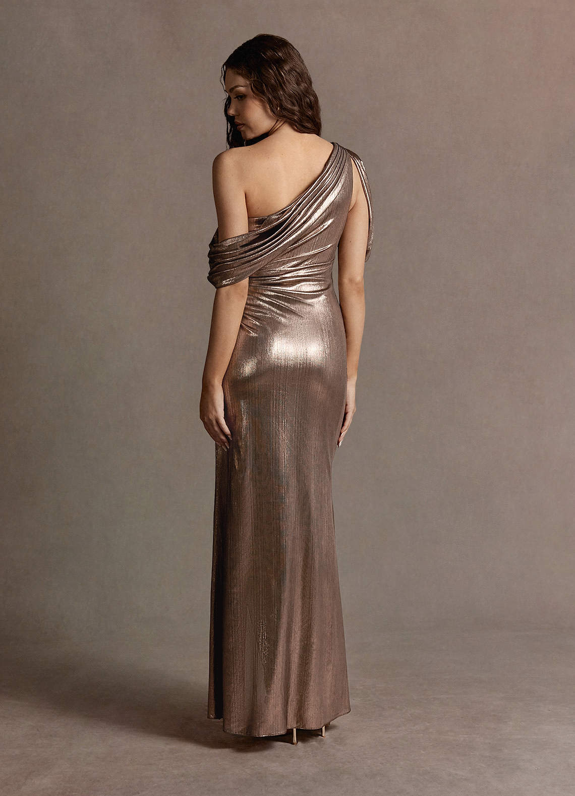Kylie Bronze Draped Off Shoulder Gown | Azazie
