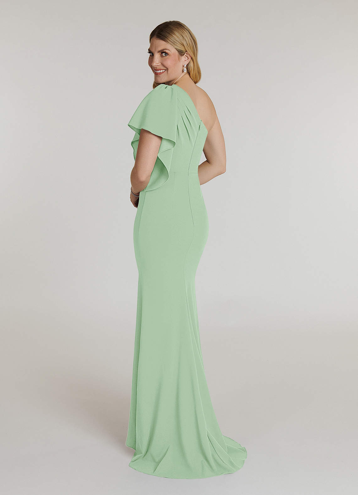 Dusty Sage Azazie Pia Mermaid Pleated Stretch Crepe Sweep train Dress ...