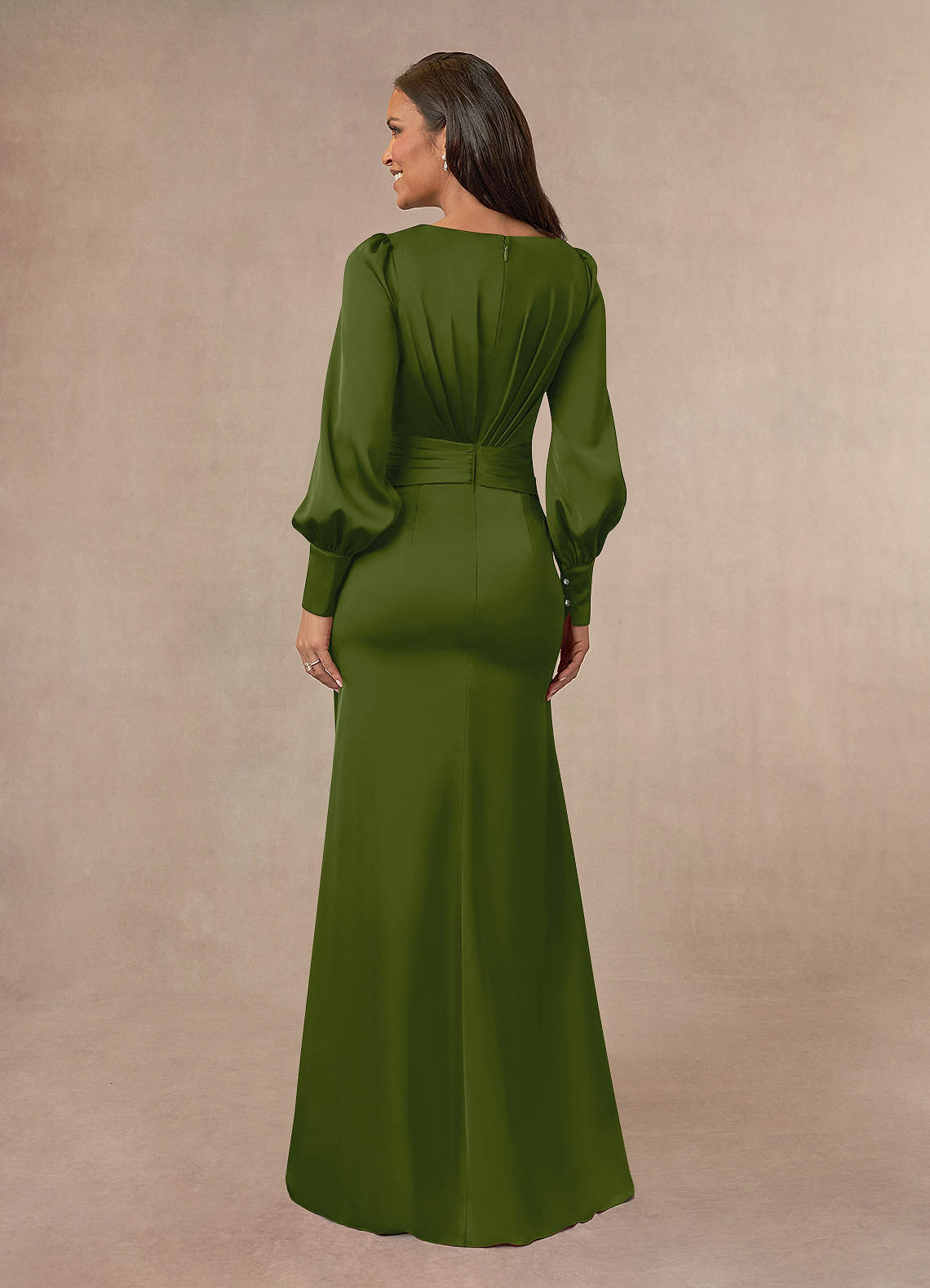 Azazie Petrina Juniper Mermaid Pleated Stretch Satin Dress | Azazie