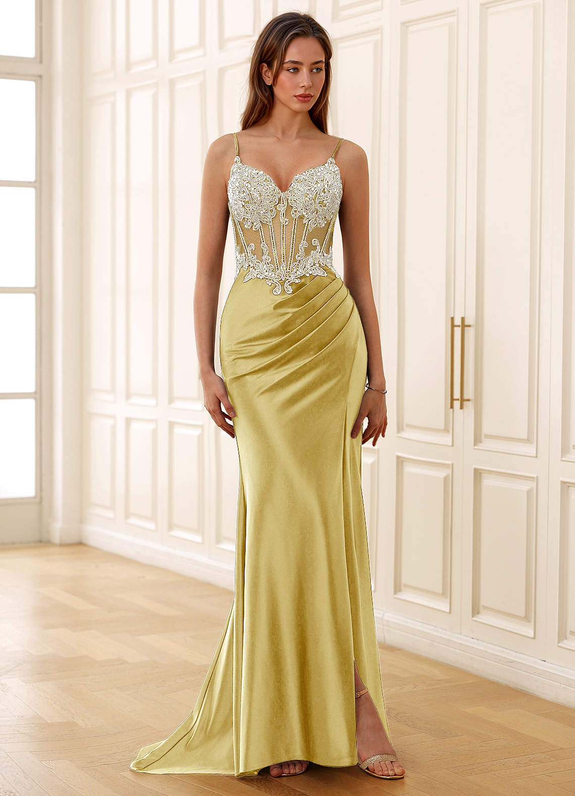 Lilliana Yellow Corset Rhinestone Sheer Lace Prom Dress | Azazie