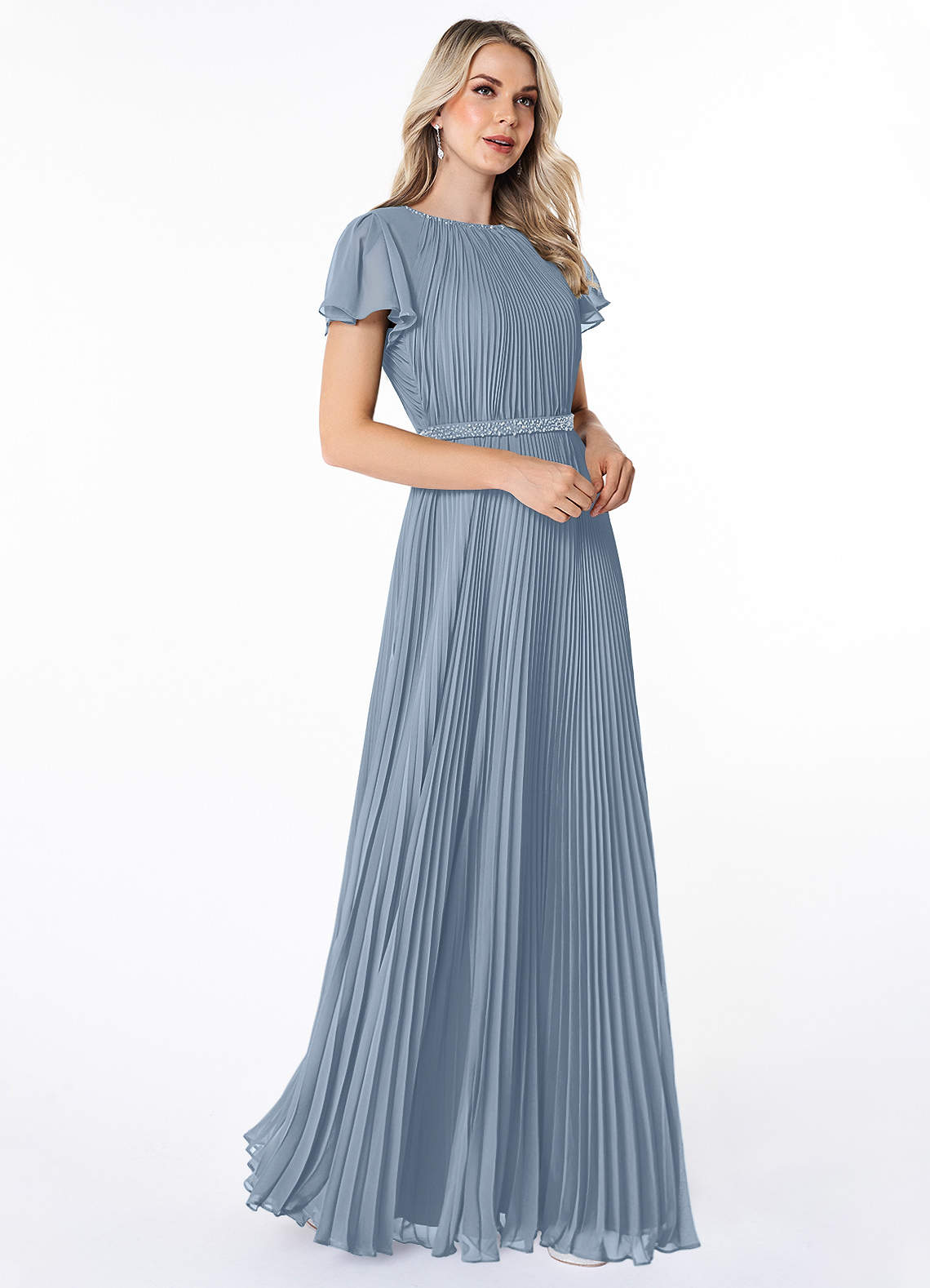 Azazie Kara Dusty Blue Modest Bridesmaid Dresses | Azazie