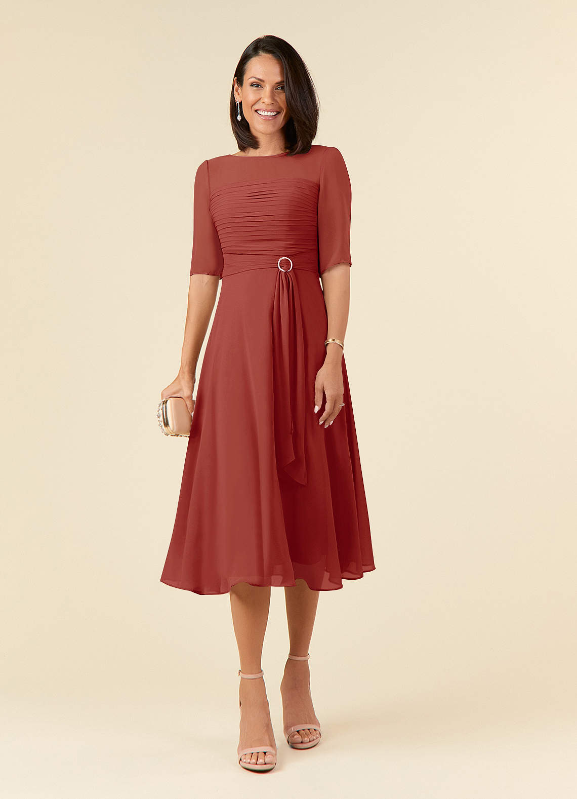 Azazie Naomi Terracotta A-Line Boatneck Pleated Chiffon Dress | Azazie Azazie Naomi Terracotta A-Line Boatneck Pleated Chiffon Dress | Azazie