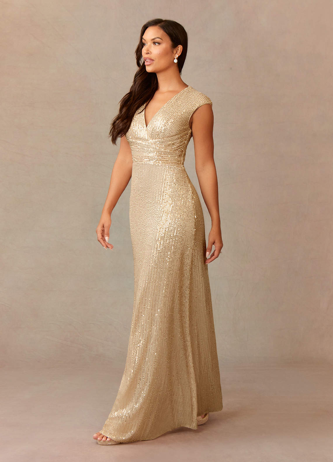 Upstudio Sacramento Champagne A-Line V-Neck Ruched Sequins Dress | Azazie
