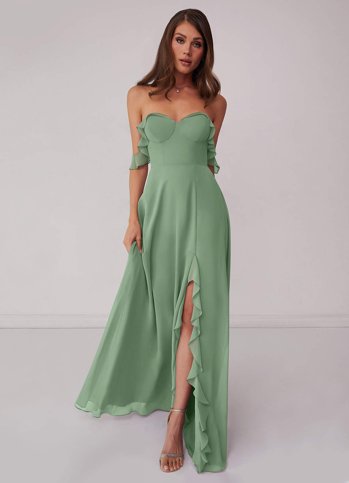 Matcha Off-the-Shoulder Ruffle Chiffon A-line Dress Bridesmaid Dresses ...