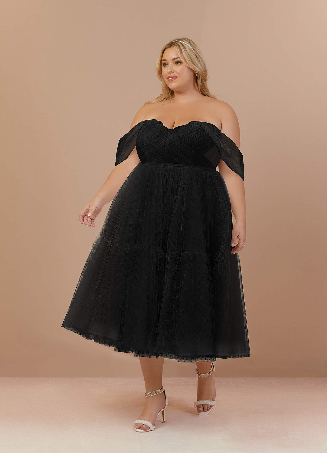 Black Azazie Vienna A-Line Off-The-Shouler Tulle Tea-Length Dress | Azazie
