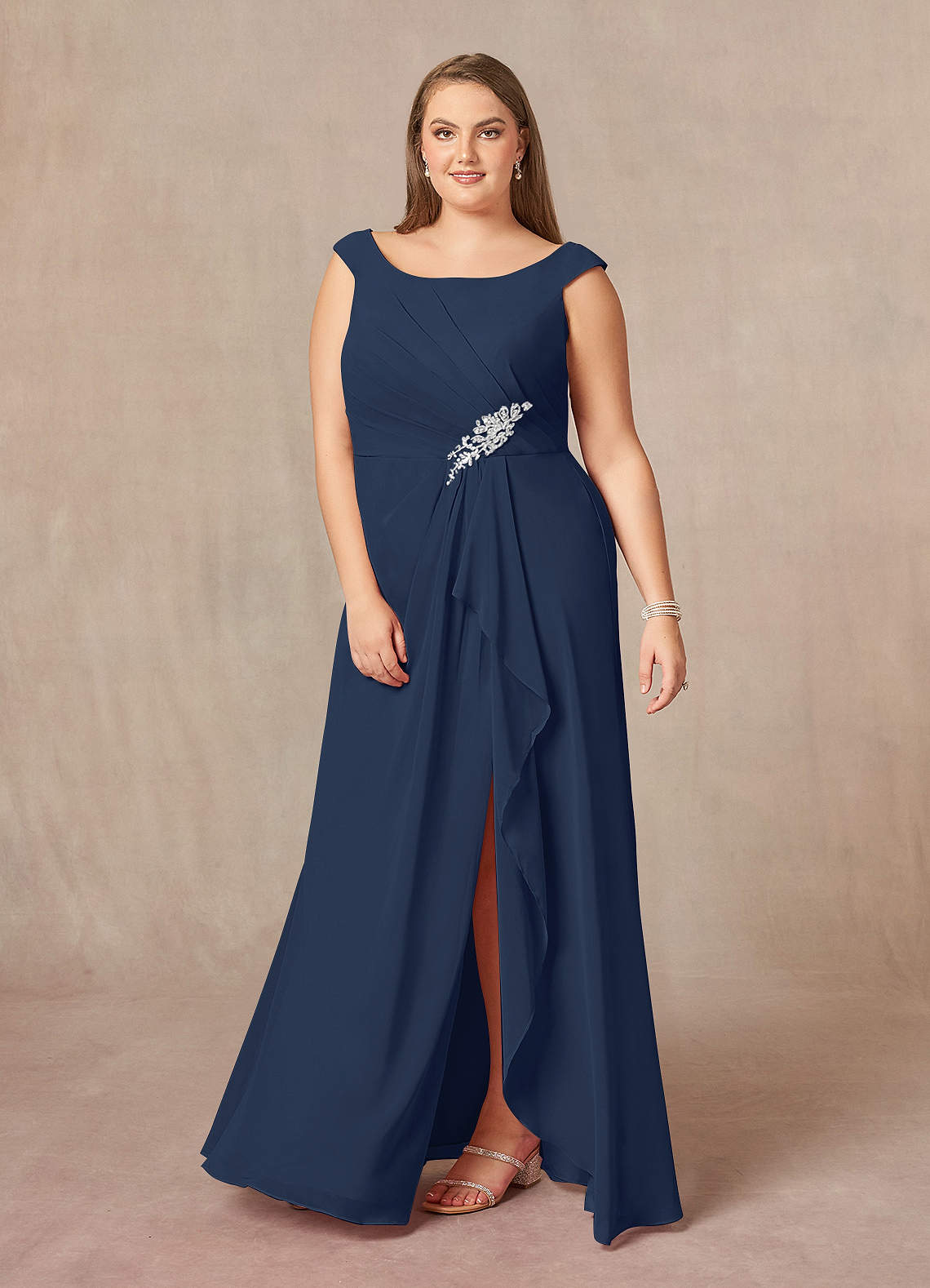 Azazie Yarrow Dark Navy A-Line Pleated Chiffon Dress | Azazie