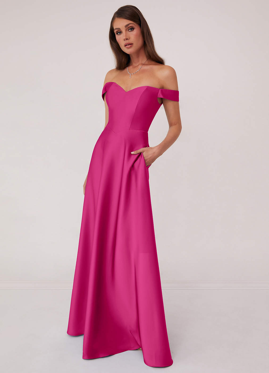 Barbie™ Pink Off Shoulder Dropwaist Stretch Satin Ball Gown Bridesmaid ...