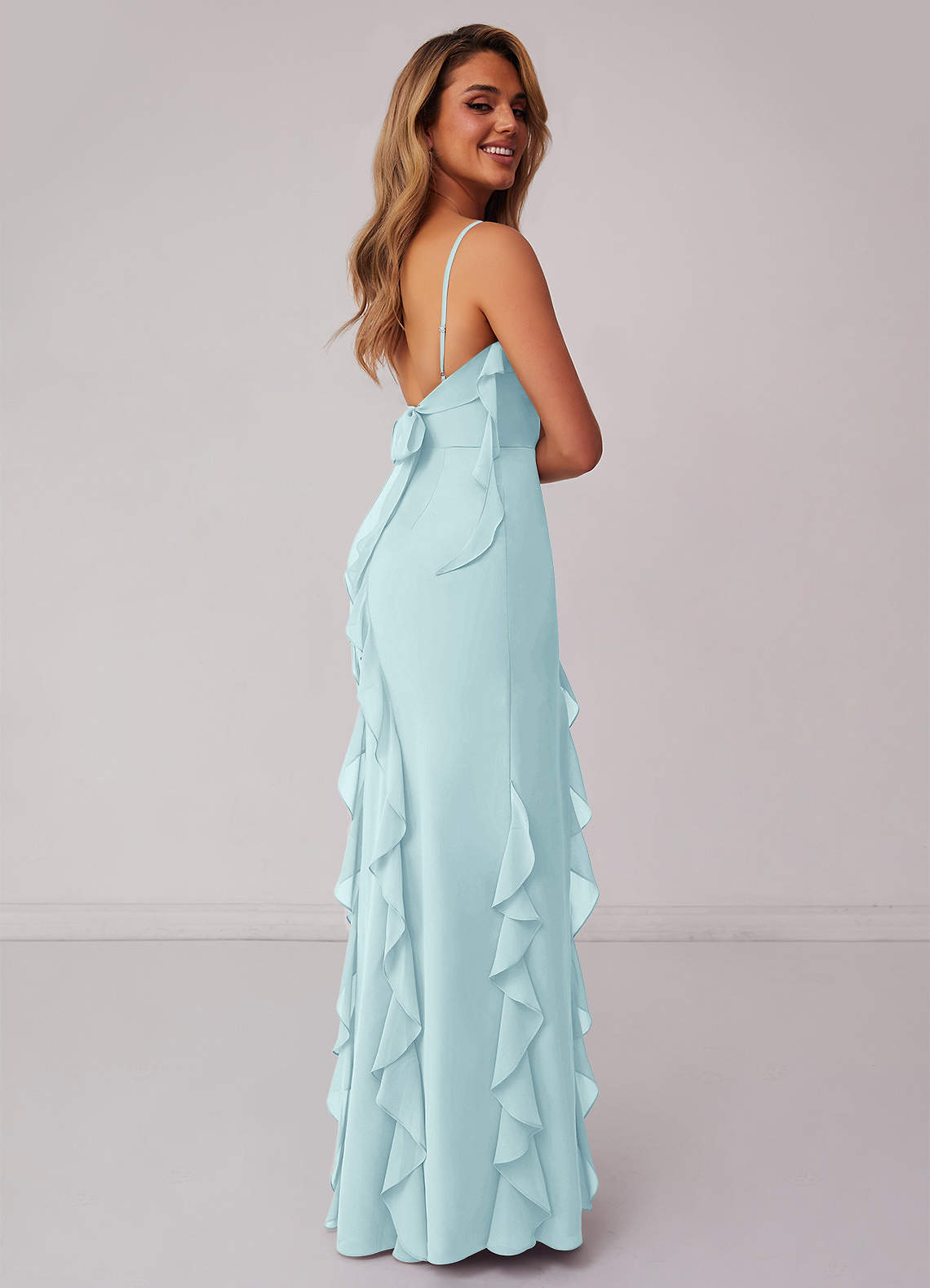 Sea Glass Chiffon Ruffle Column Dress with Leg Slit Bridesmaid Dresses ...