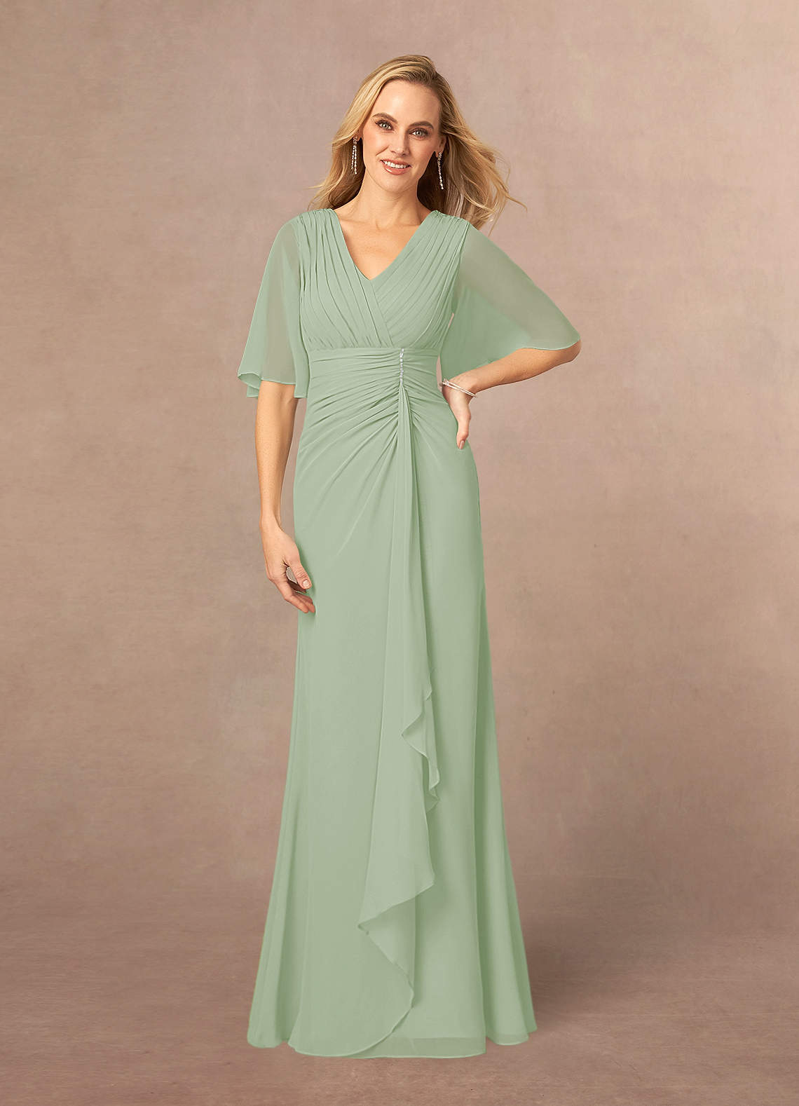 Dusty Sage Azazie Carson A-Line V-Neck Lace Chiffon Floor-Length Dress ...