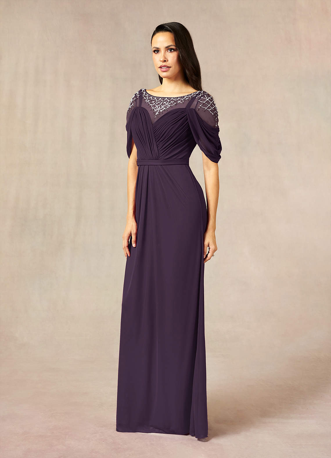 Azazie Clarise Plum Sheath Pleated Mesh Dress Mother of the Bride ...