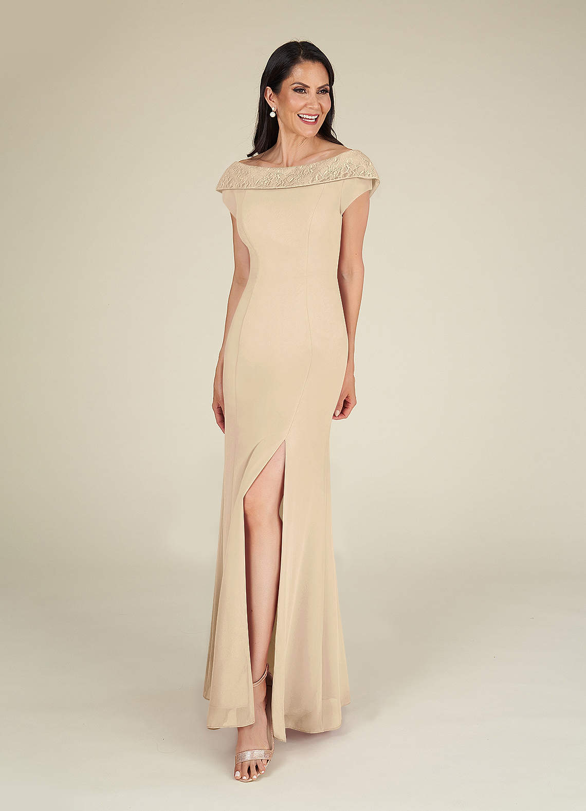 Azazie Cupid Champagne A-Line Boatneck Lace Chiffon Dress | Azazie