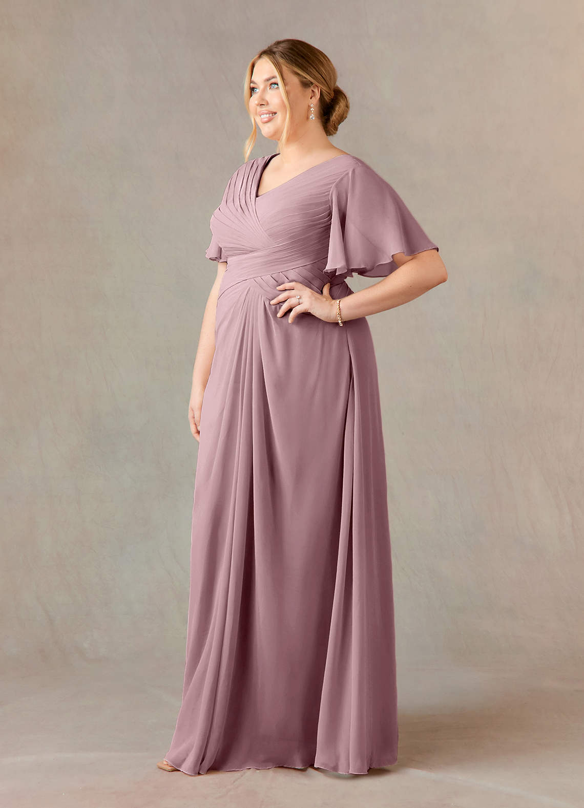 Azazie Morning Glory Dusty Rose A-Line V-Neck Ruched Chiffon Dress | Azazie