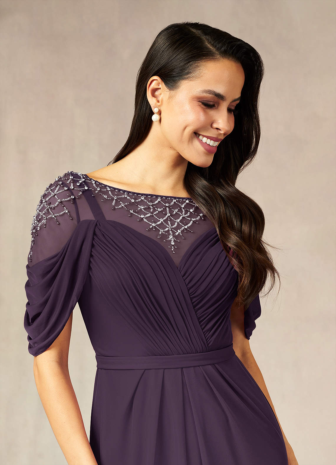 Azazie Clarise Plum Sheath Pleated Mesh Dress Mother of the Bride ...