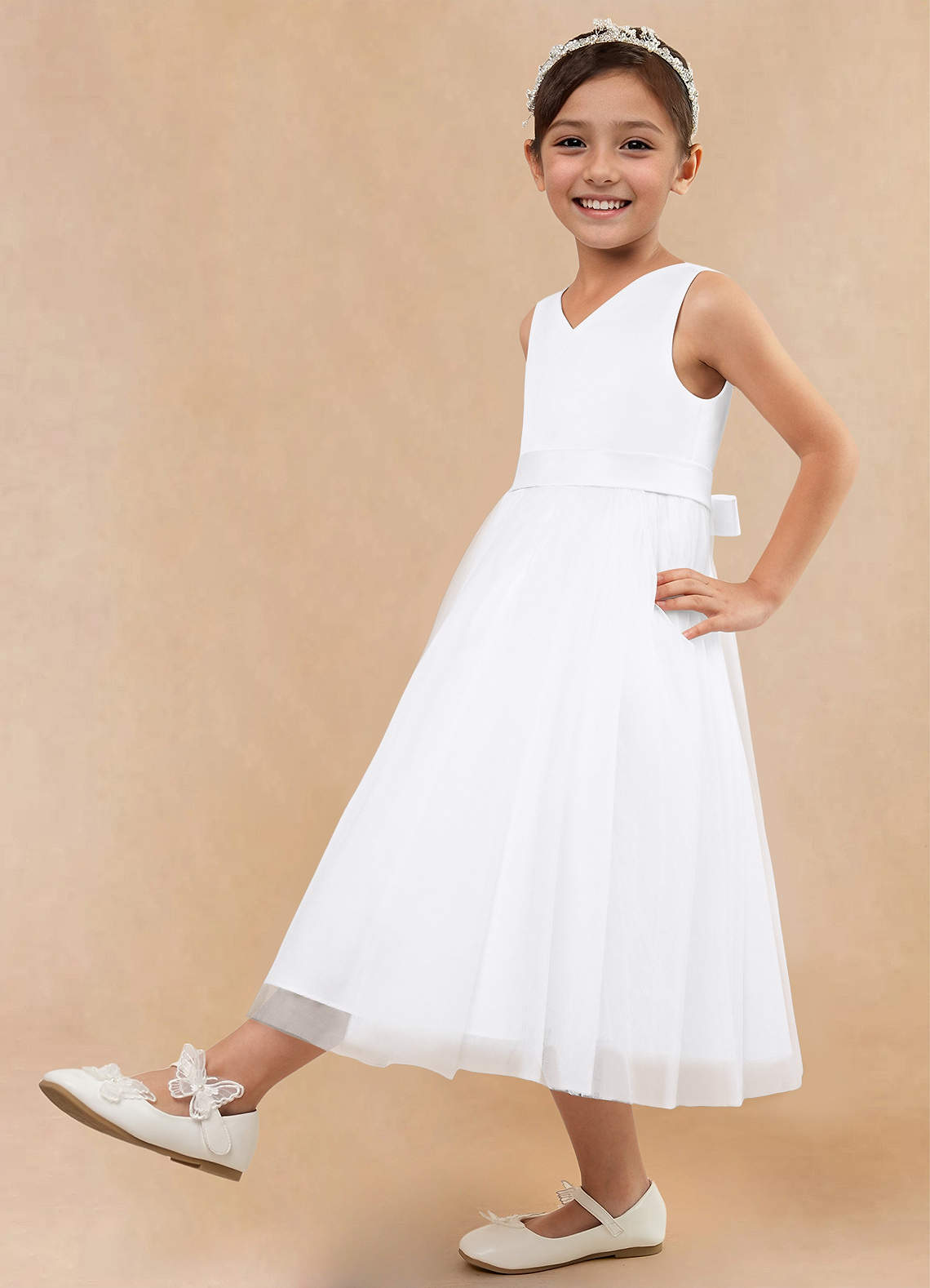 White Azazie Marlee A-Line Pleated Matte Satin Tea-Length Dress | Azazie