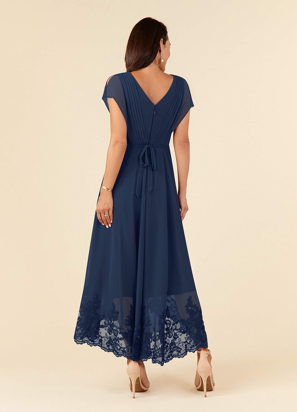 Dark Navy Azazie Palana A-Line Lace Chiffon Asymmetrical Dress | Azazie