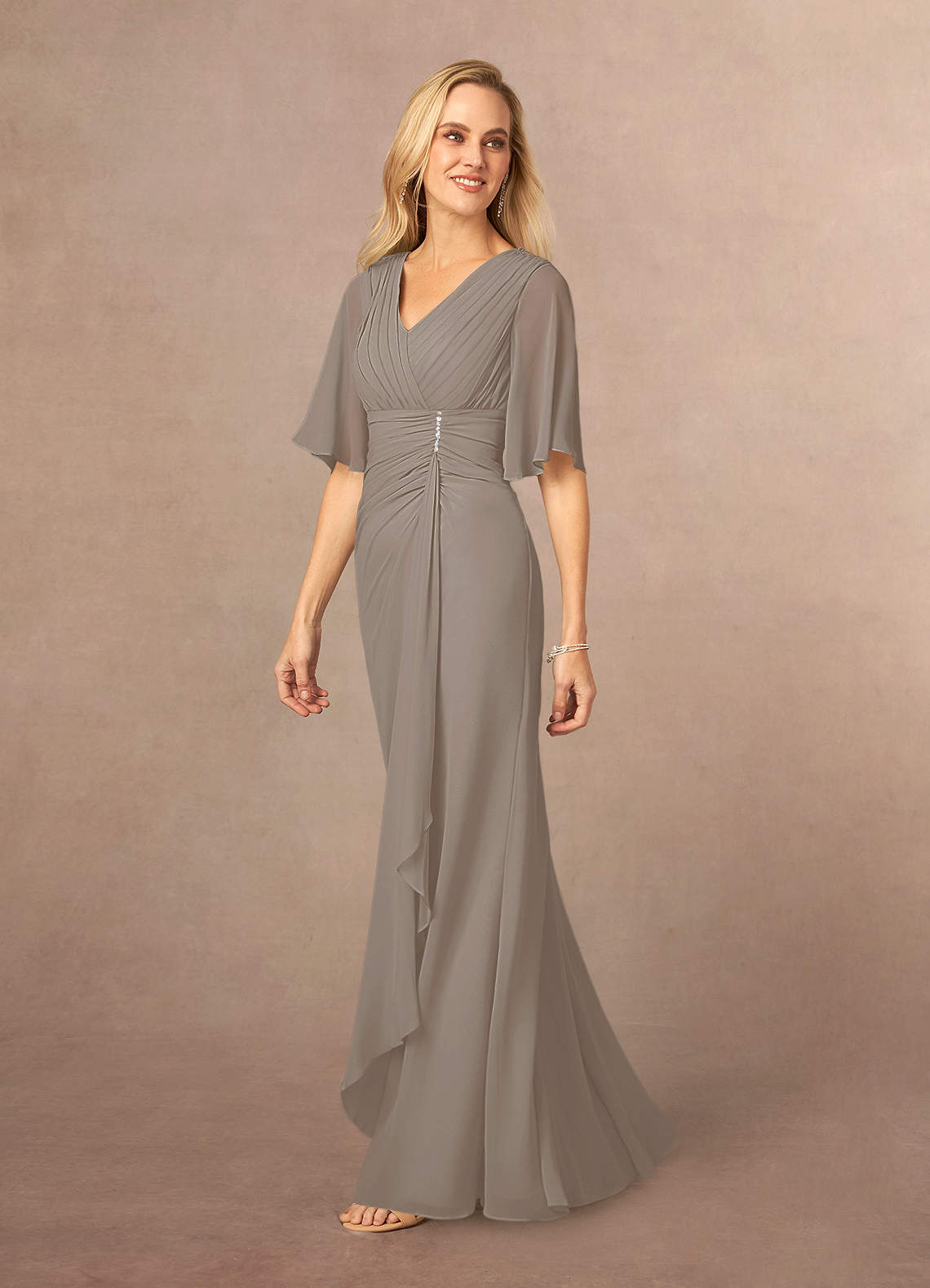 Azazie Carson Taupe A Line V Neck Lace Chiffon Dress Azazie
