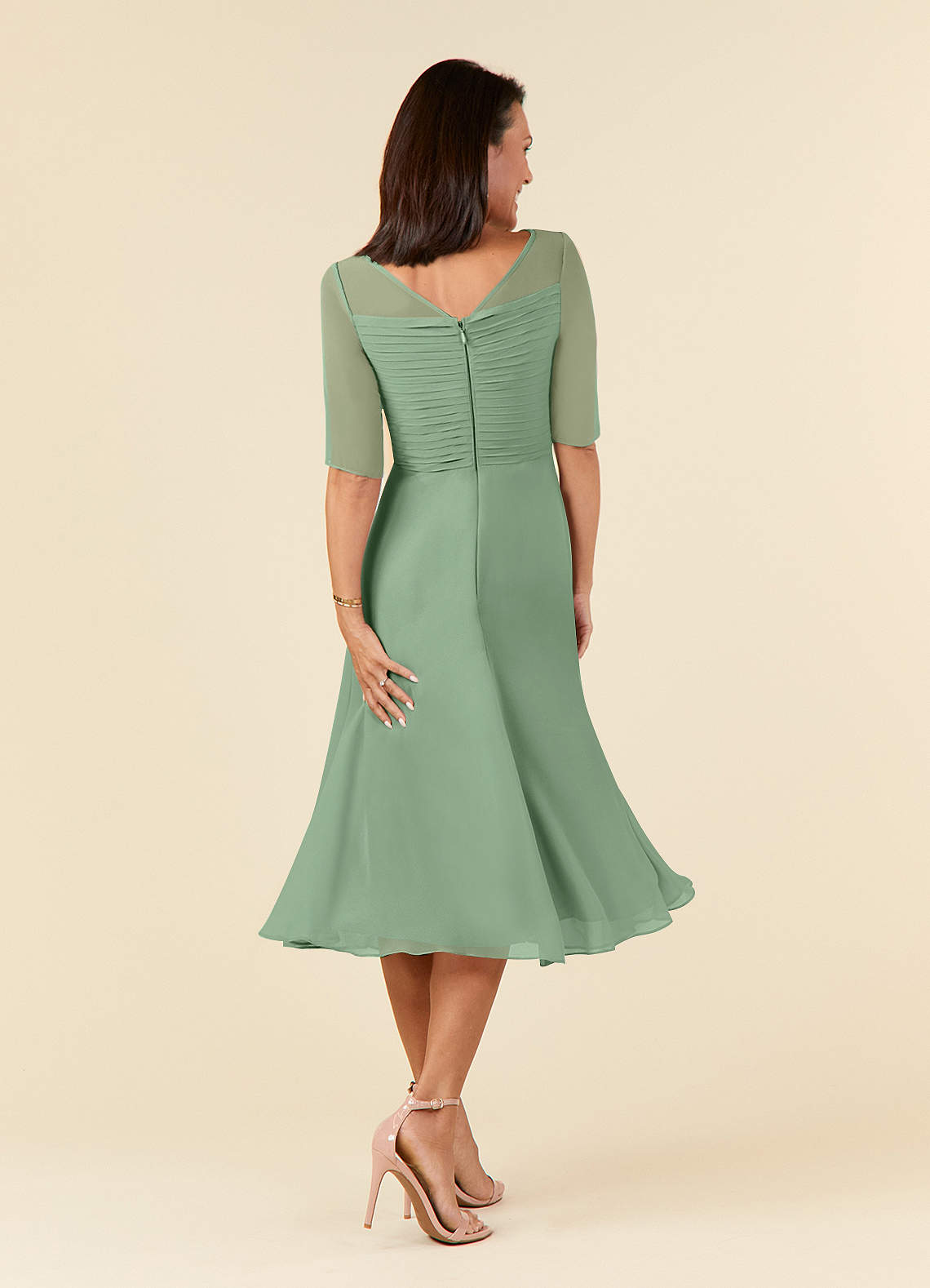 Azazie Naomi Matcha A-Line Boatneck Pleated Chiffon Dress | Azazie