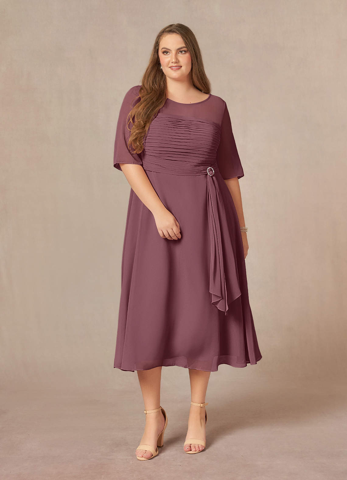 Azazie Naomi Sangria A-Line Boatneck Pleated Chiffon Dress | Azazie