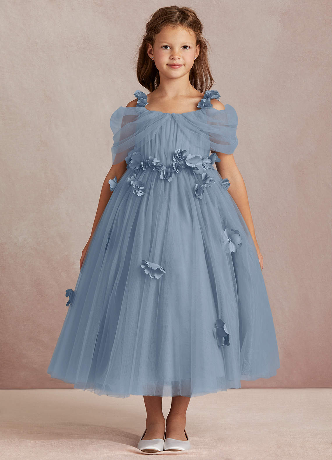 Azazie Shaylee Dusty Blue A-Line Off the Shoulder Tulle Dress | Azazie