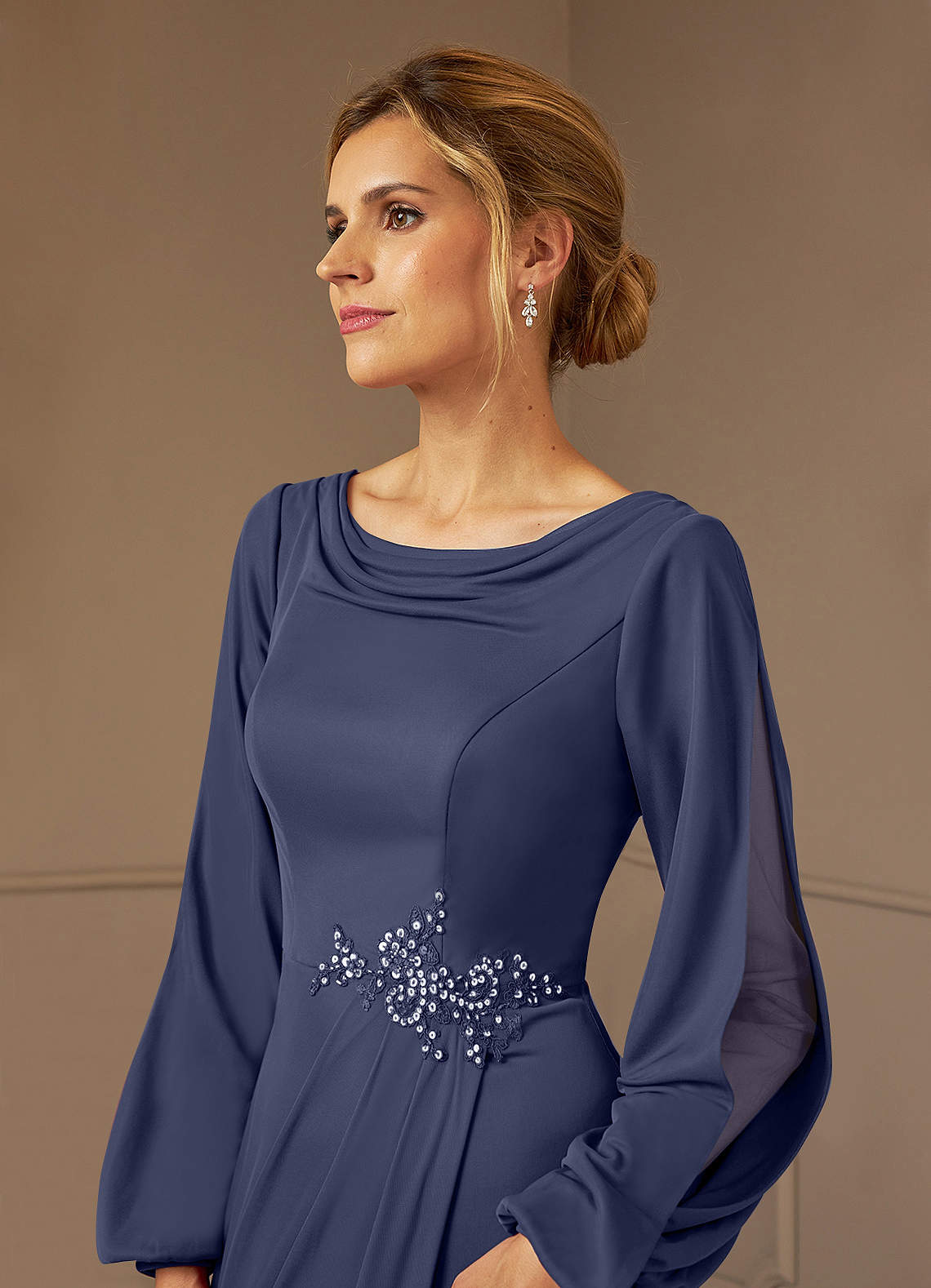 Stormy Azazie Satasha A-Line Cowl Neckline Lace Mesh Floor-Length Dress ...