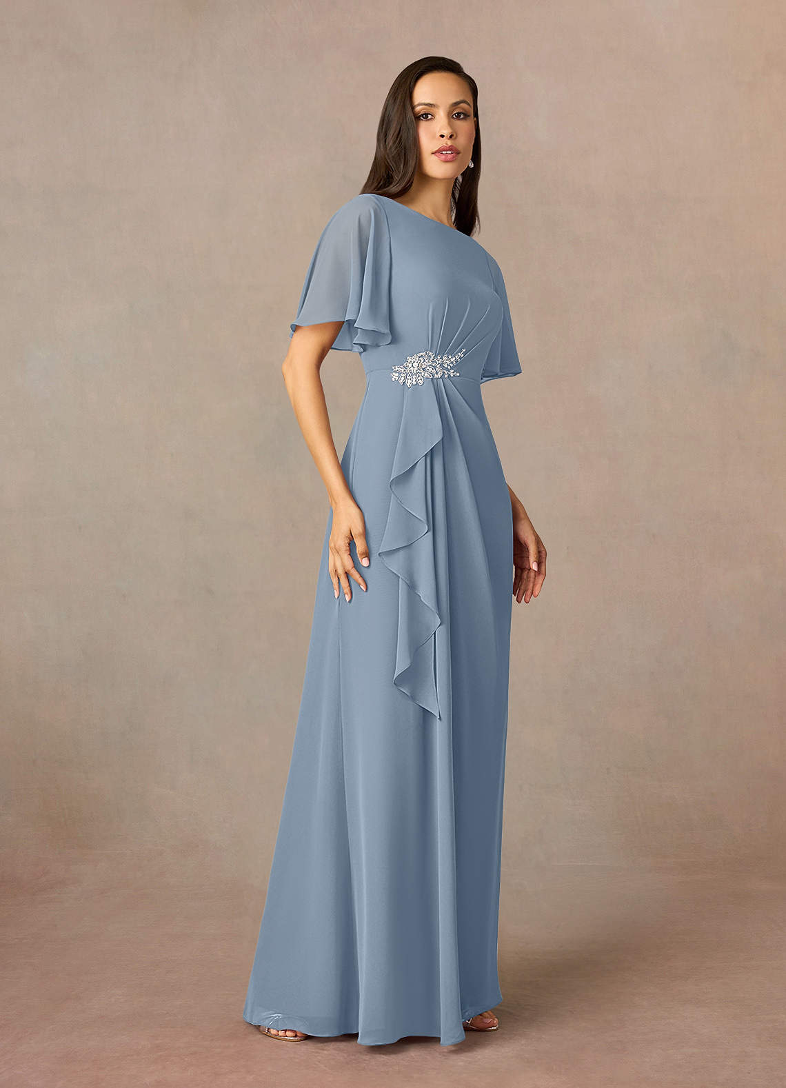 Azazie Rain Dusty Blue Sheath Beaded Chiffon Dress | Azazie