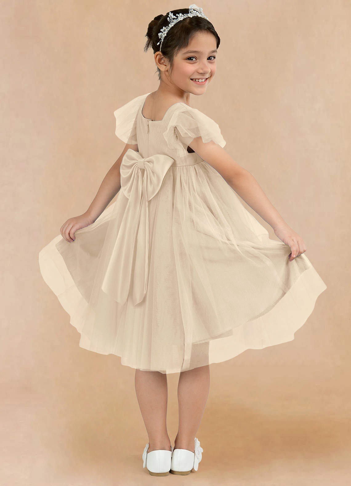 Champagne Azazie Kalio A-Line Tulle Knee-Length Dress with Sleeves | Azazie