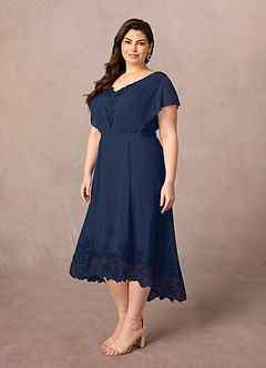 Dark Navy Azazie Palana A-Line Lace Chiffon Asymmetrical Dress | Azazie