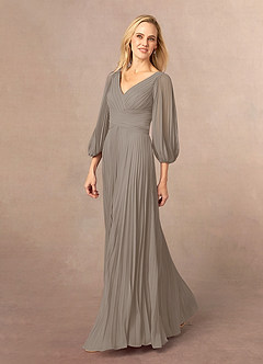 Azazie Zahara Taupe A-Line V-Neck Pleated Chiffon Dress | Azazie