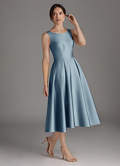 Azazie Fulton Dusty Blue A-Line Pleated Stretch Satin Dress | Azazie