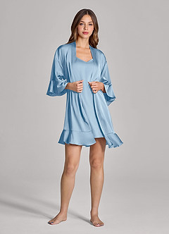 Sky Blue Matching Color 2-Piece Ruffle Satin Robe and Slip Set Robes ...