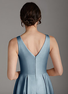 Azazie Fulton Dusty Blue A-Line Pleated Stretch Satin Dress | Azazie
