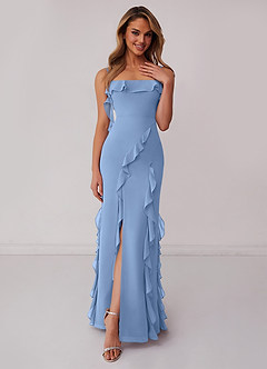 Steel Blue Chiffon Ruffle Column Dress with Leg Slit Bridesmaid Dresses ...