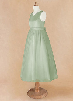 Dusty Sage Azazie Marlee A-Line Pleated Matte Satin Tea-Length Dress ...