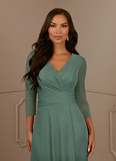 Azazie Annetta Eucalyptus A-Line V-Neck Pleated Mesh Dress | Azazie
