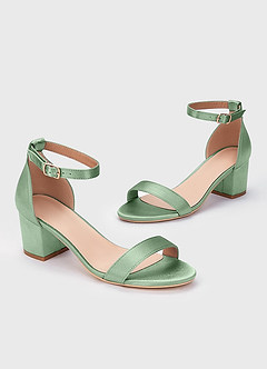 Matcha Metallic Satin One Strap Buckle Block Low Heel Sandals | Azazie AU