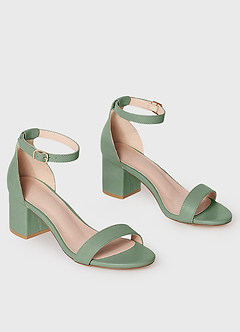 Matcha Stretch Satin One Strap Buckle Block Low Heel Sandals | Azazie CA