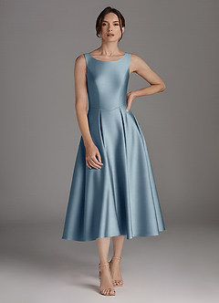 Azazie Fulton Dusty Blue A-Line Pleated Stretch Satin Dress | Azazie