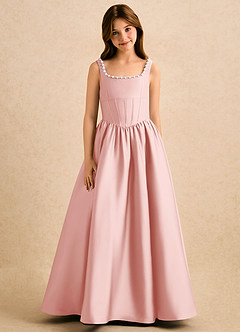 Azazie Enid Girls Formal Powder Pink A-Line Beaded Stretch Satin Dress ...