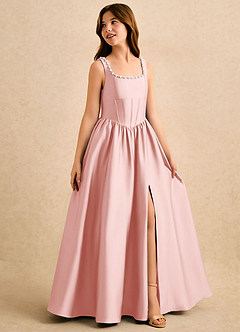 Azazie Enid Girls Formal Powder Pink A-Line Beaded Stretch Satin Dress ...