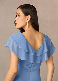 Azazie Snapdragon Steel Blue A-Line V-Neck Ruched Chiffon Dress | Azazie
