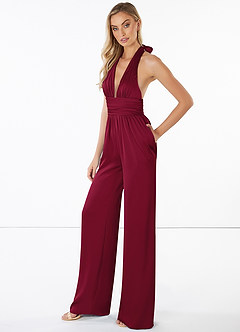 Azazie Oli Stretch Satin Jumpsuit Burgundy Bridesmaid Dresses | Azazie
