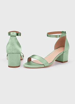 Matcha Metallic Satin One Strap Buckle Block Low Heel Sandals | Azazie AU