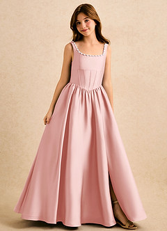 Azazie Enid Girls Formal Powder Pink A-Line Beaded Stretch Satin Dress ...