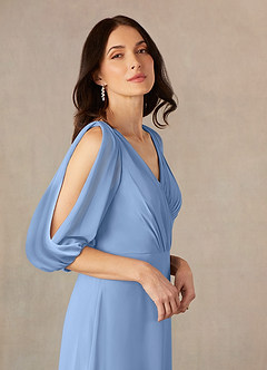 Azazie Bronwyn Steel Blue A-Line V-Neck Ruched Chiffon Dress | Azazie