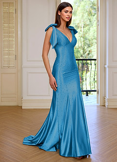 Arabella Lake Blue Polka-Dot Bows V-neck Satin Mermaid Prom Dress | Azazie