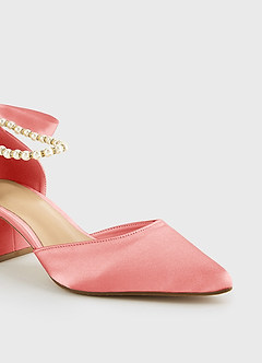 Coral Matching Color Matte Satin Pearl and Bow Pointed Toe Block Heels ...
