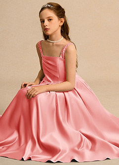 Azazie Mochi Girl Junior Formal Coral Ball-Gown Pleated Matte Satin ...