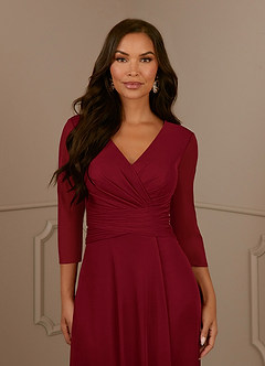 Azazie Annetta Burgundy A-Line V-Neck Pleated Mesh Dress | Azazie