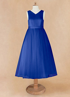 Royal Blue Azazie Marlee A-Line Pleated Matte Satin Tea-Length Dress ...