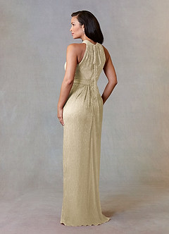 Upstudio Brea Champagne A-Line Halter Pleated Metallic Mesh Dress | Azazie